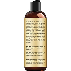 Handcraft Blends USDA Organic Jojoba Oil - 8 Fl Oz - 100% Pure and Natural - Premium Grade Oil for Face, Body and Hair - Anti-Aging Oil - Cold-Pressed and Hexane-Free - Packaging May Vary