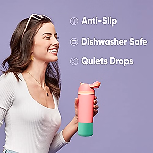 Owala FreeSip Insulated Stainless Steel Water Bottle with Straw for Sports and Travel, BPA-Free, 24-Ounce, Grayt & Silicone Water Bottle Boot, Anti-Slip Protective Sleeve Cover, Black