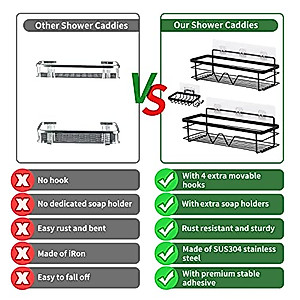 DBDEIW Shower Caddy,2 Pack Shower Organizer Shelves,No Drilling Rustproof Stainless Steel Shower Shelf for Inside Shower,Adhesive Shower Basket Rack with Soap Holders and 4 Hooks for Bathroom,Black