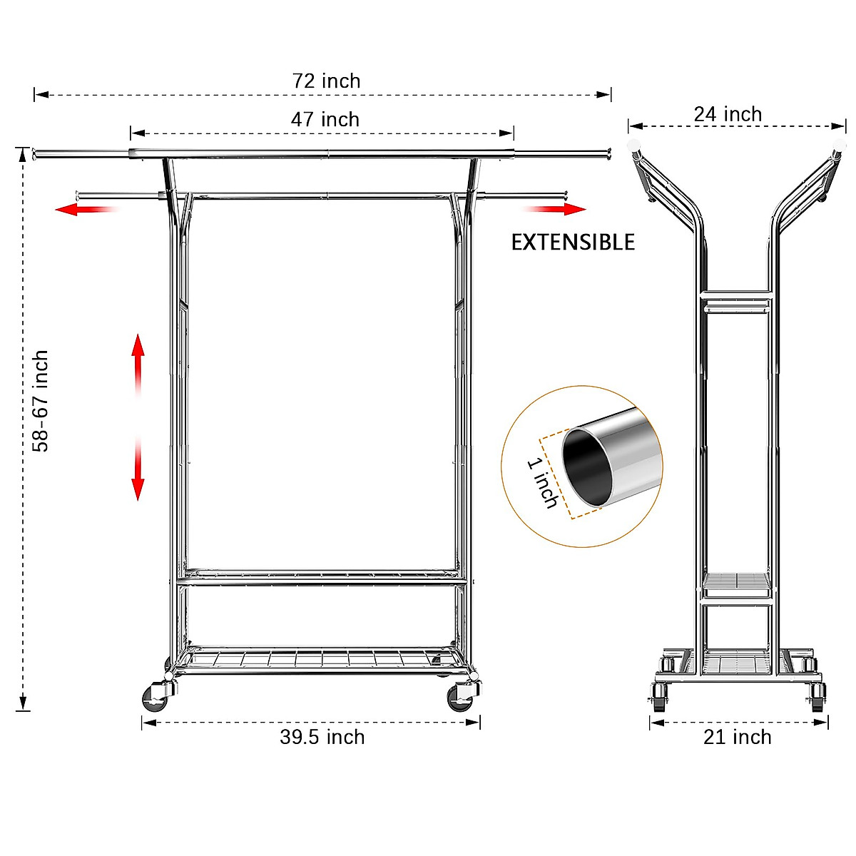 Heavy Duty Clothing Racks For Hanging Clothes, 600lbs Load Capacity Rolling Clothing Rack with Wheels, Double Rail Clothing Garment Racks, Adjustable Rack for Clothes