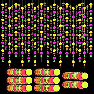 WILLBOND 115.484 Feet Neon Paper Garland Circle Dots Hanging Decorations Big and Small Circle Dots Banner for Neon Birthday Party Wedding Decoration Black Light Reactive Glow Party (8 Pieces)
