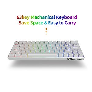 Ractous RTK63P 60% Mechanical Gaming Keyboard RGB Backlit PBT keycaps 63key Ultra-Compact Wired Keyboard Programmable for PC/Mac Gamers,Hot-Swappable Optical Red Switch (White)