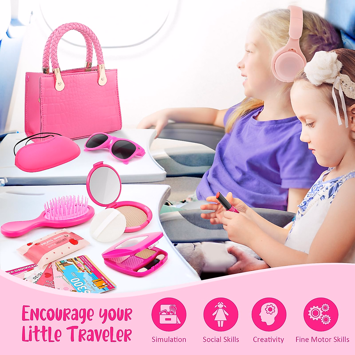 Little Girl Purse with Pretend Makeup for Toddlers, 49PCS Kids Play Purse Set - Princess Toy Accessories, Pretend Play Headset Wallet Phones Sunglasses Keys Credit Cards Birthday Gift for Girls Age 3+