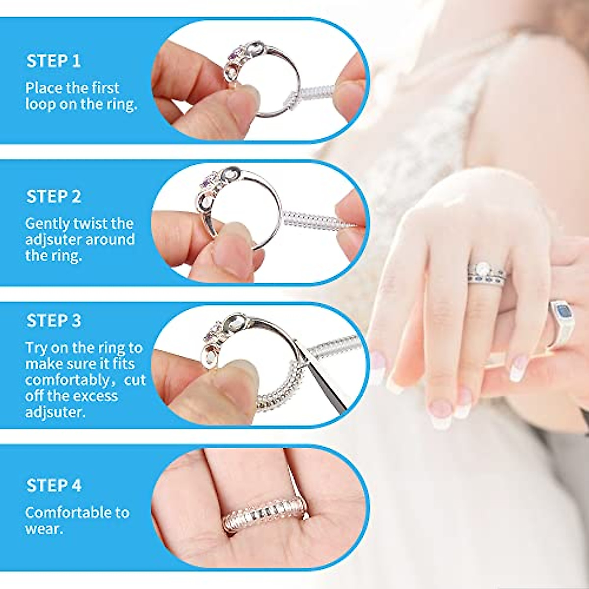 Ring Size Adjuster for Loose Rings, Multiple Size, Ring Sizer, Mandrel for Making Jewelry Guard, Resizer, Spacer, Spiral Silicone Tightener Set with Polishing Cloth