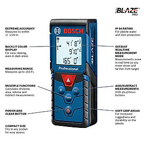Bosch Blaze Pro GLM165-40 165ft Laser Distance Measure with Color Backlit Display & Slice 10400 Box Cutter, 3 Position Manual Button with Ceramic Blade