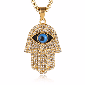 HZMAN 18k Gold Plated Iced Out CZ Stainless Steel Blue Evil Eye Beads Fatima Hamsa Hand Pendant Necklace (Gold)