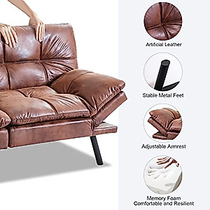 Maxspeed Leather Futon Sofa Bed,Convertible Memory Foam Couch Bed,Modern Loveseat with Covertible Armrests for RV Car Living Room&Bedroom Small Space（Brown）