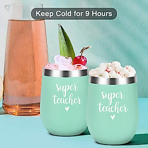 Super Teacher Stainless Steel Wine Tumbler, Christmas Birthday Appreciation Retirement Teacher’s Day Thank You Gifts for Teacher Tutor Professor Women, 12oz Insulated Wine Tumbler with Lid, Mint Green