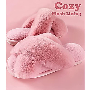 Women Pink Fuzzy Fluffy Slippers-Ankis Soft Cozy Plush Fuzzy Slippers Faux Rabbit Fur Memory Foam Furry Open Toe Breathable Fuzzy Slippers Bedroom Warm Comfy Cross Band Slippers for Women House Indoor