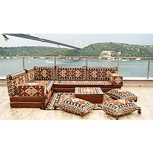 Brown Livingroom Cushions, 8" Thickness Corner Floor Seating Set, L Shaped Floor Couch, Sectional Sofa Set, Floor Pillows, Arabic Majlis, Sofa Bed (L Sofa Full Set)