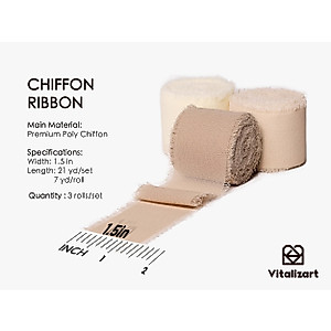 Vitalizart 3 Rolls Handmade Fringe Chiffon Silk Ribbon Gauze 1.5" x 7Yd Nude & White Ribbons Set for Wedding Invitations Bridal Bouquets Gift Wrapping Holiday Decor