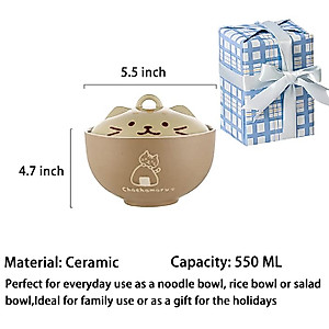 Japanese Style Ceramic Soup Bowls with Lids Ramen Bowl Cute Kitten Design for Mixing Salad, Noodle, Instant Noodles, Ramen Cooker, Kitchen Oven, Microwave Safe Bowl Cat Gifts for Cat Lovers (khaki)
