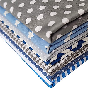 Gnognauq 7pcs Cotton Quilting Fabric, Blue Grey Fat Quarter Fabric Bundles Printed Patchwork Squares Polka Dot Wave Striped Gingham Fabric for Sewing DIY Crafts, 18 x 22 inches