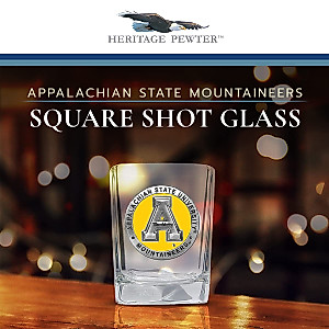 Heritage Pewter Appalachian State University Square Shot Glass | Hand-Sculpted 1.5 Ounce Shot Glass | Intricately Crafted Metal Pewter Alma Mater Inlay