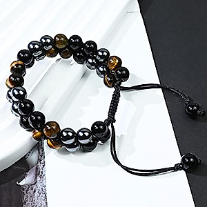 Triple Protection Bracelet Natural Black Obsidian Tigers Eye Hematite 8mm Beads Crystal Bracelet Healing Bracelets for Men Women Bring Prosperity Luck and Health