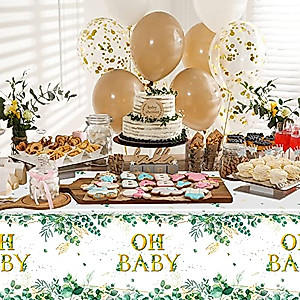 3 Packs Sage Greenery Oh Baby Plastic Tablecloths Baby Shower Party Decorations Eucalyptus Leaf Tablecloth Gold Foil Disposable Green Leaves Eucalyptus Table Cover for Home Sage Neutral Party Supplies