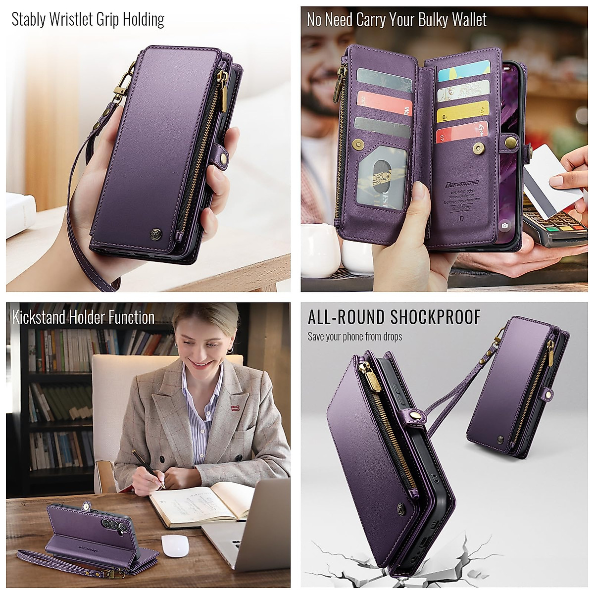 Defencase Compatible with Galaxy A14 5G Case Wallet with RFID Blocking Card Holder for Women Men, PU Leather Magnetic Snap Flip Zipper Strap Wallet Phone Case Fit for Samsung Galaxy A14 5G, Purple