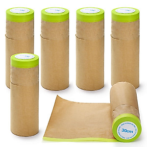 Jucoan 6 Rolls Masking Paper, Pre-Taped Masking Paper for Painting, 12 Inch x 30 Feet Tape and Drape Automotive Paint Masking Paper for Car Wall Frame Floor Furniture Protection