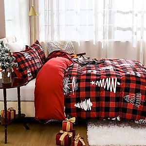 Dobuyly Christmas Duvet Cover Queen Size, Red Plaid Christmas Tree Printed Duvet Cover Set, Soft Microfiber Buffalo Check Christmas Bedding Set 3 Piece