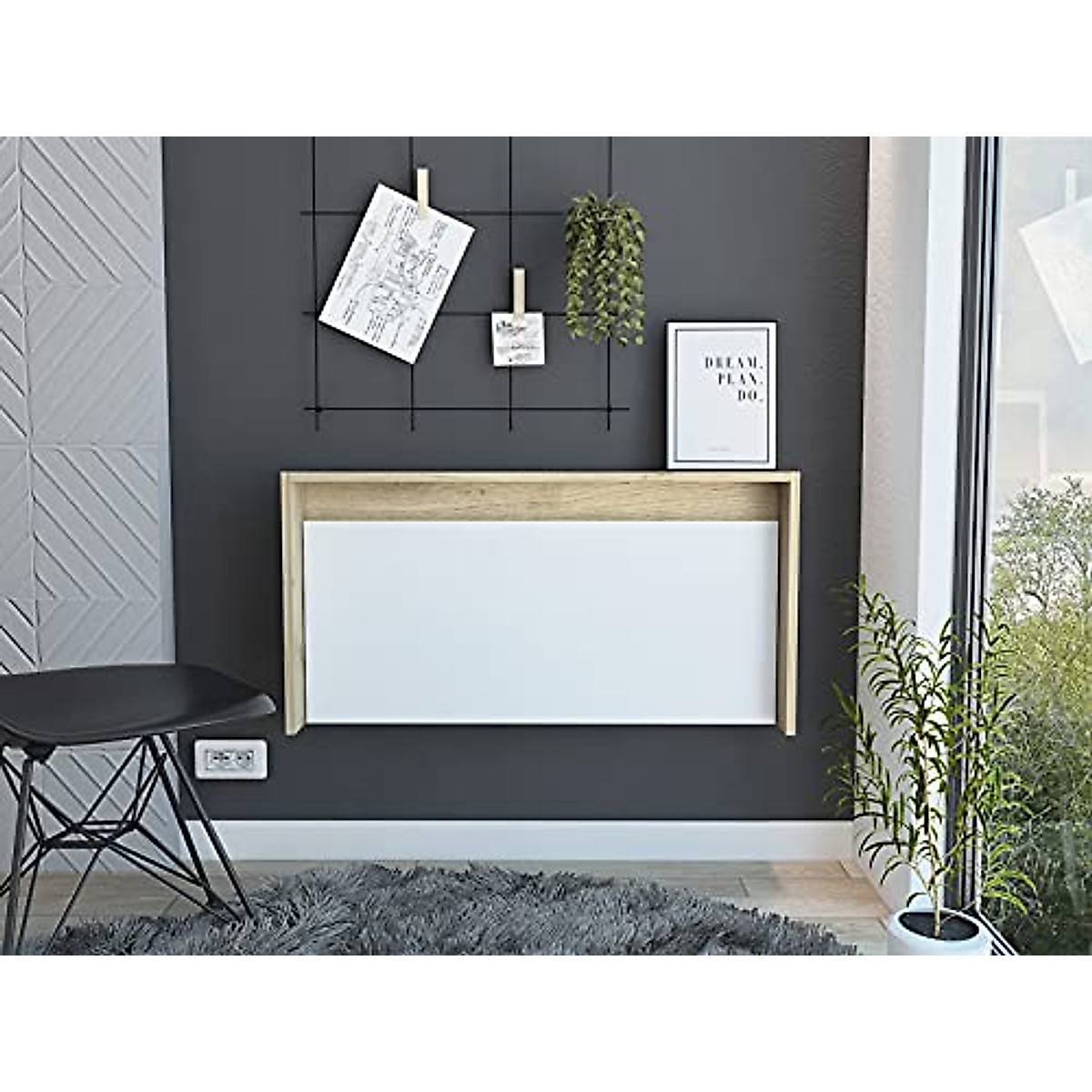 Tuhome London 20-inch Tall Wall-Mounted Floating Desk, Light Oak/White