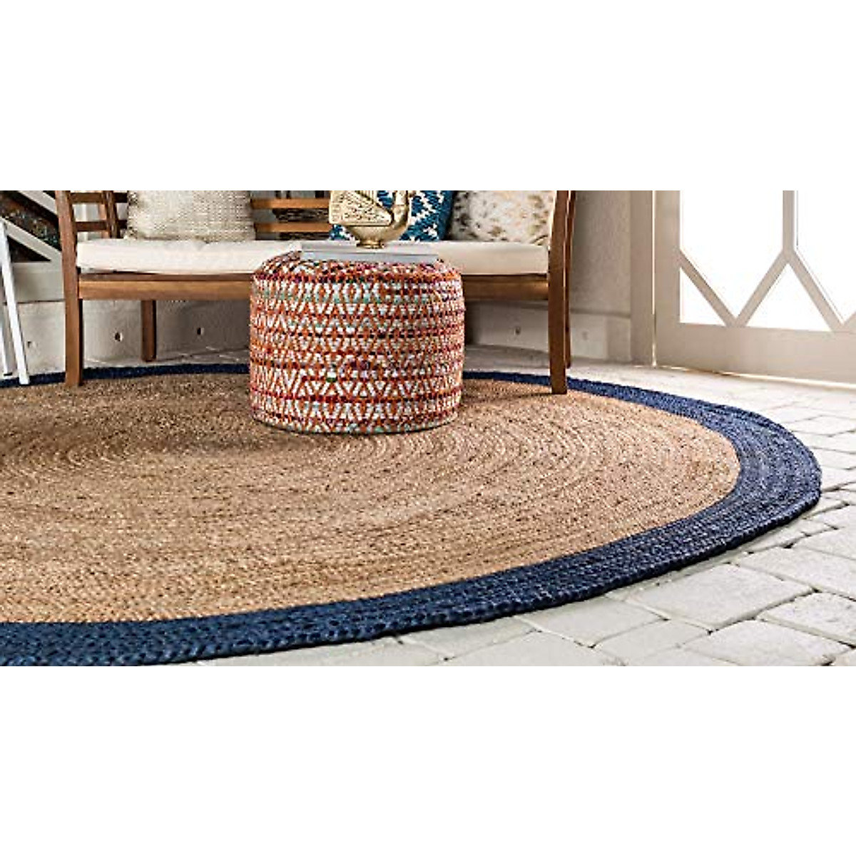 Unique Loom Braided Jute Collection Classic Quality Made Natural Hand Woven with Solid Color Detail Area Rug (8' 0 x 8' 0 Round, Natural/ Navy Blue)