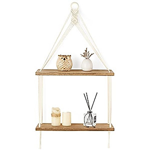 Mkono Macrame Hanging Shelf Boho Wall Decor 2 Tier Handmade Cotton Rope Rustic Wood Floating Shelves Display Photos Plants Hanging Storage Shelving for Living Room Nursery Bathroom Bedroom