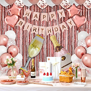 RUBFAC 248pcs Rose Gold Birthday Party Decorations Kit for Women Girls, Happy Birthday Banners, Balloons, Tablecloth, Table Runner, Sash, Tiara, Plates, Cups, Napkins Straws Party Supplies