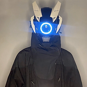 BIKETEK Cyberpunk Mask Cosplay, LED Light Futuristic Mecha Warrior Helmet, Sci-Fi Black Full Face Mask, Perfect for Halloween, Party (style 2)