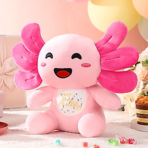 HyDren 10 Inch Happy Plushy Birthday Plush Pink Axolotl Plush Soft Cute Stuffed Animal Plush Pillow Kawaii Birthday Gifts for Kids Girls Party Favor Bedroom Home Decor