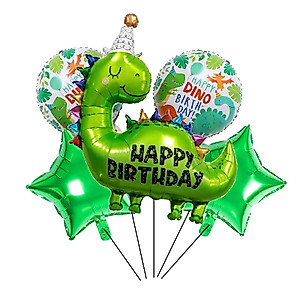 5Pcs 35 Inch Dinosaur Balloons Birthday Decoration for Kids Green Foil Happy Birthday Dino Balloon for Wild One Baby Shower Jungle Safari Animal World Themed Party Decoration