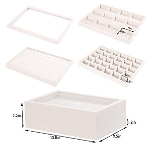 Coward Stackable Jewelry Trays Organizer Set with Clear Lid, Trays for Drawer, Earring Necklace Bracelet Ring Display Organizer (beige(ring+12girds+30girds+The glass lid))