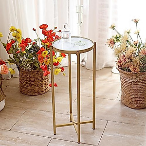 DOWLVN Gold Marble Snack Drink Accent Table, Small Round Side End Table for Living Room Bedroom Small Space, 11" D x 24" H
