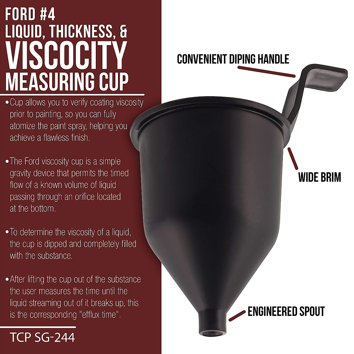 TCP Global Brand SG244 Liquid Thickness & Viscosity Measuring Cup Ford # 4 Four, Viscosimeter to Measure Paint