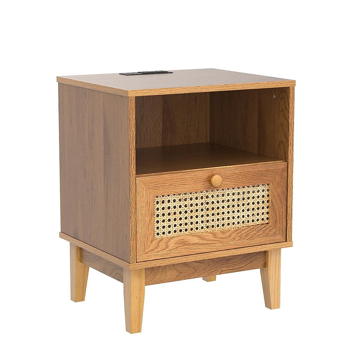 Betterhood Rattan Nightstand Set of 2, Boho Bedside Table with Drawer and Charging Station, Wooden Side Table for Bedroom, Dorm and Small Space, Natural