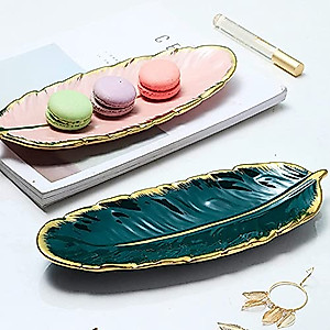 Organizer Tray Feather Trinket Dish Ceramic Jewelry Dish Organizer Vanity Dressers Tray for Bathroom Closets Tray Desk Ornate Jewelry-Green