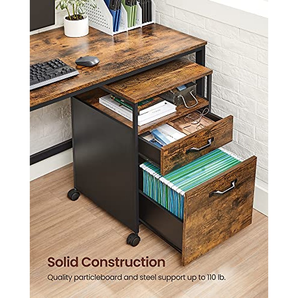 VASAGLE File Cabinet, Mobile Filing Cabinet with Wheels, 2 Drawers, Open Shelf, for A4, Letter Size, Hanging File Folders, Rustic Brown and Black UOFC71X