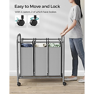 SONGMICS 3-Section Laundry Sorter, Laundry Basket with Wheels, Laundry Hamper with 3 Bags, Laundry Room Organizer, Removable Laundry Bag with Handles, Lockable Wheels, Gray ULSF003GS