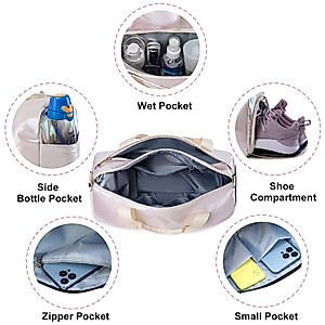 Gym Bag Sports Duffle Bag with Wet Pocket Weekender Overnight Bag with Waterproof Shoe Pouch and Air Hole for Women Girls Travel Foldable Bag (Metallic Beige)
