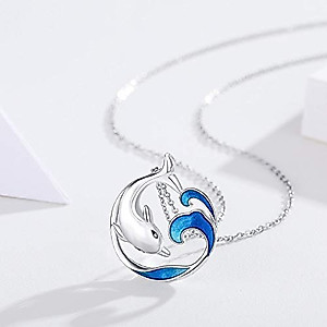 CUOKA MIRACLE Dolphin Necklace S925 Sterling Silver Cute Dolphin Necklace Ocean Wave Pendant Beach Themes Ocean Wave Jewelry Dolphin Gifts for Women Birthday