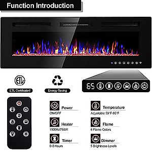 MEPTY 60" Electric Fireplace, Recessed and Wall Mounted Fireplace Insert, Fireplace Heater and Linear Fireplace with Remote Control, Timer, Adjustable Flame Color & Speed, Log Set & Crystal, Black