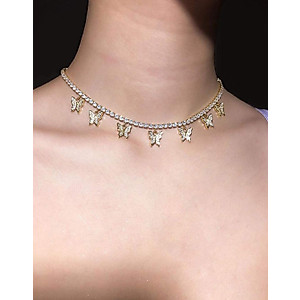 SUNXN Butterfly Necklace Tennis Chain Butterfly Choker CZ Bling Butterfly Silver Gold Pendant Necklace Gift for Women Jewelry (3mm-gold)