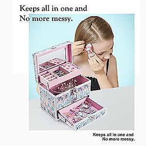Hododou Girls Jewelry Box Organizer with Drawer & Mirror, Mermaid Tail Style Lockable Storage Case for Kid or Little Girls Jewelry and Hair Accessories