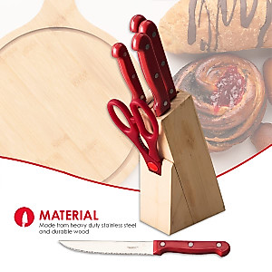 Home Basics 7 Piece Knife Set, Red | Wooden Block Included for Storage | Comfortable Grip | Non-Slip Handles | Bright Red | Heavy Duty Stainless Steel