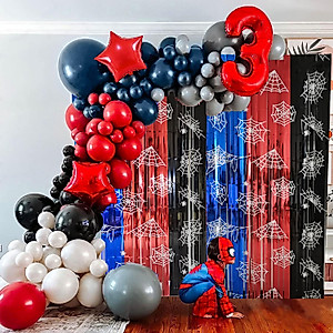 Spider Web Birthday Decorations Backdrop 2 Pack Spider Party Supplies Red Blue and Black Halloween Tinsel Foil Fringe Curtains Party Streamers Background for Boys Spider Theme Party Decorations