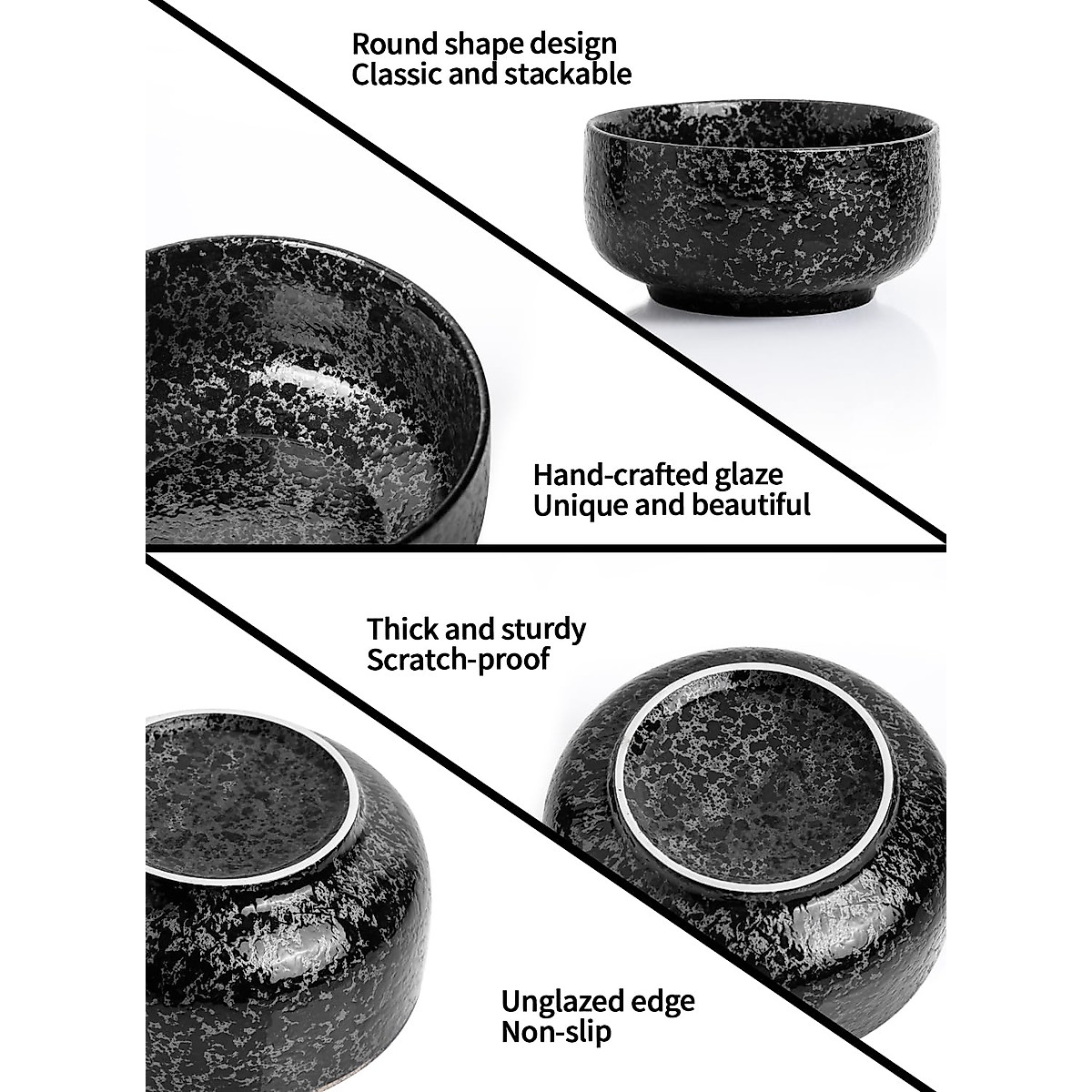 Kanwone Ceramic Bowls - 32 Ounce Bowl Set for Cereal, Salad, Noodle and Soup, Japanese Noodle Bowls - Set of 4, Black, Microwave and Dishwasher Safe