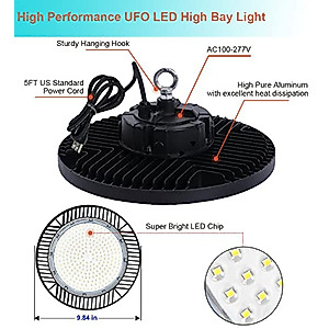 150W UFO LED High Bay Light, 21,000lm (Eqv.600W MH/HPS), 100-277V, 5000K Daylight LED High Bay Lights Fixture 5' Cable with US Plug for Workshop, Warehouse, Barn, Garage - Pack of 1