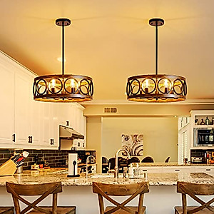 XINGQI Dining Room Chandelier Over Table, Modern Farmhouse Chandelier, 21.7'' Drum Rustic Pendant Light Fixture for Living Room, Round Metal Shade with Black+Wood Grain Finish, 5 Lights