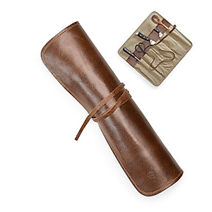 Angus Stoke Knife Bag made of genuine buffalo Leather & Canvas - Chef's Knife Roll Case for Cooking, Camping & BBQ - Knives storage bag Nate (brown)