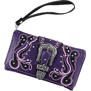 Justin West Concealed Carry Western Tritone Paisley Flower Buckle Embroidered Laser Cut Shoulder Handbag | Trifold Wallet (Purple Handbag & Wallet Set)