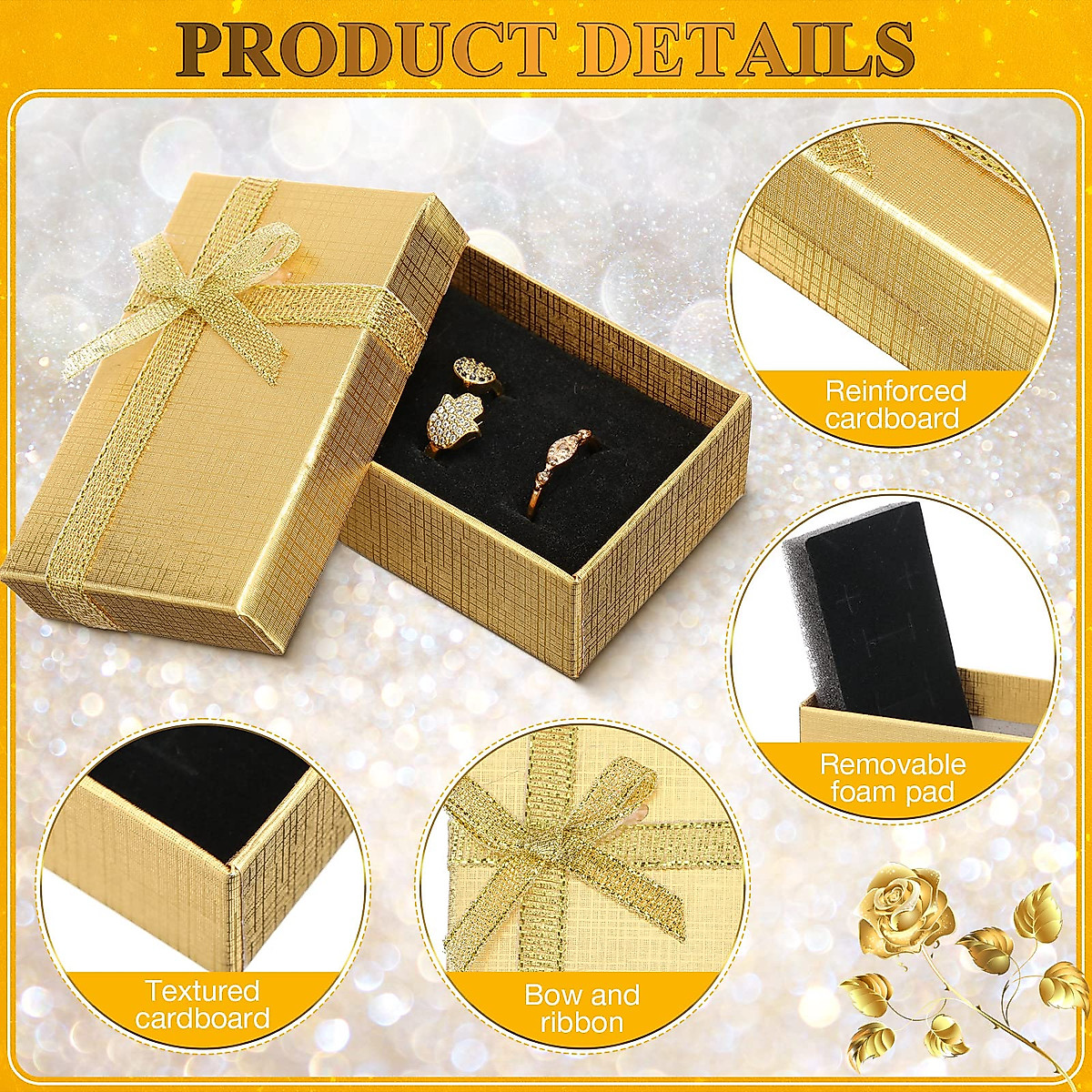 Kenning 36 Pcs Jewelry Gift Boxes Set Small Cardboard Paper Jewelry Boxes Packaging Empty Gift Boxes with Ribbon for Rings (Gold)